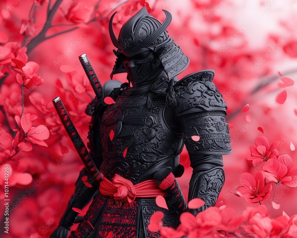 A black samurai warrior in full armor stands among falling cherry ...