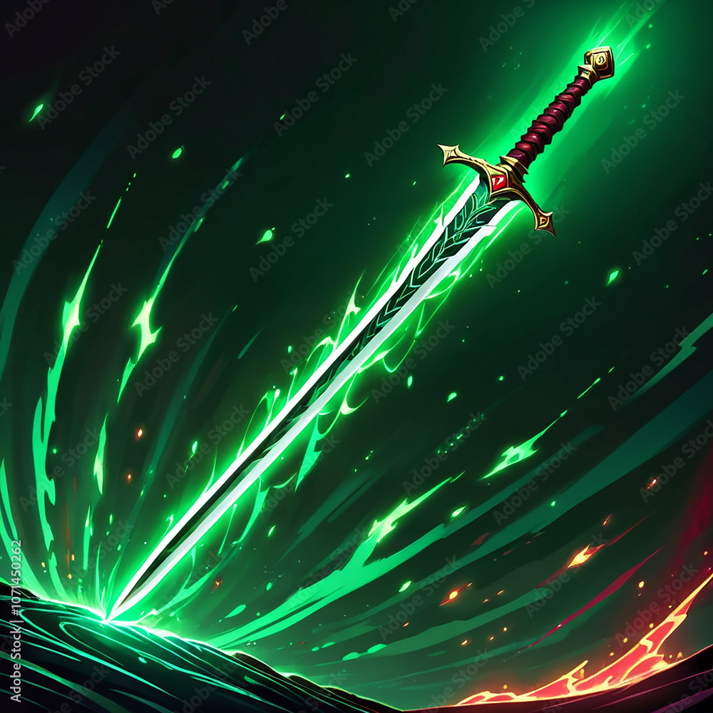 A glowing emerald sword pierces through a dark background, leaving a ...