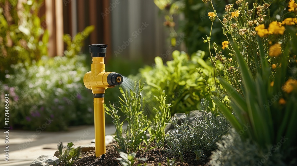 Yellow tap connected to a garden irrigation system, demonstrating an ...