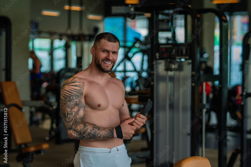 Handsome fit muscular caucasian man workout in the gym with weight ...