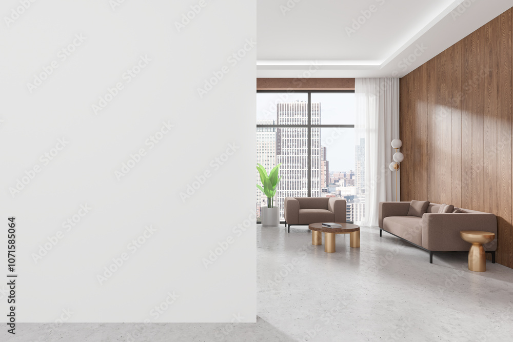 Home living room interior with armchair and sofa, window. Mockup wall ...