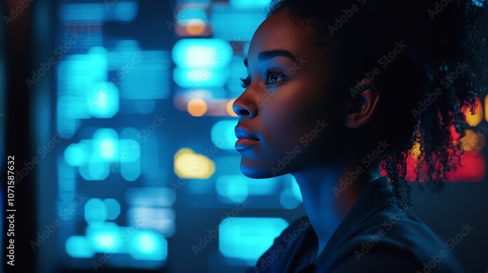 Black female cyber security analyst analysing AI cyberspace Stock ...