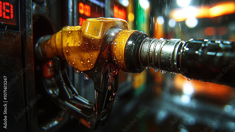 Fueling Up at Night: Close-up of a gas pump nozzle dripping with fuel ...
