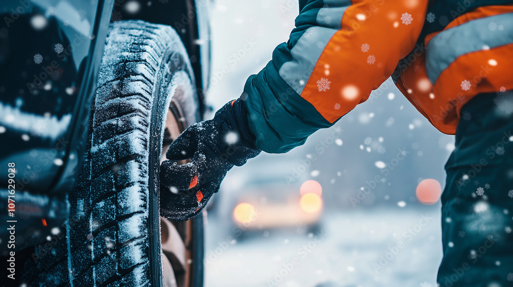 Mechanic checking car tire in winter conditions, concept of road safety ...