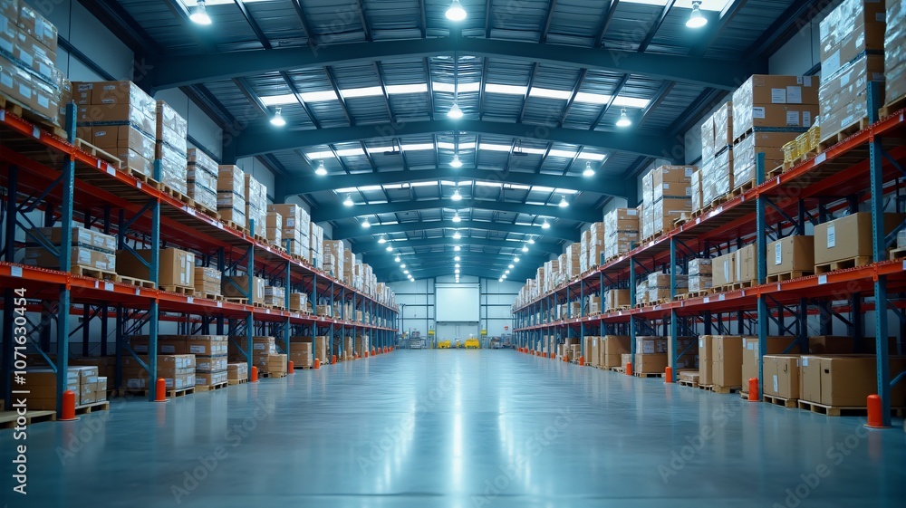 Interior of an industrial warehouse with LED lighting, serving as part ...