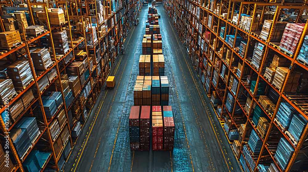 Efficient warehouse storage with stacked containers and organized ...