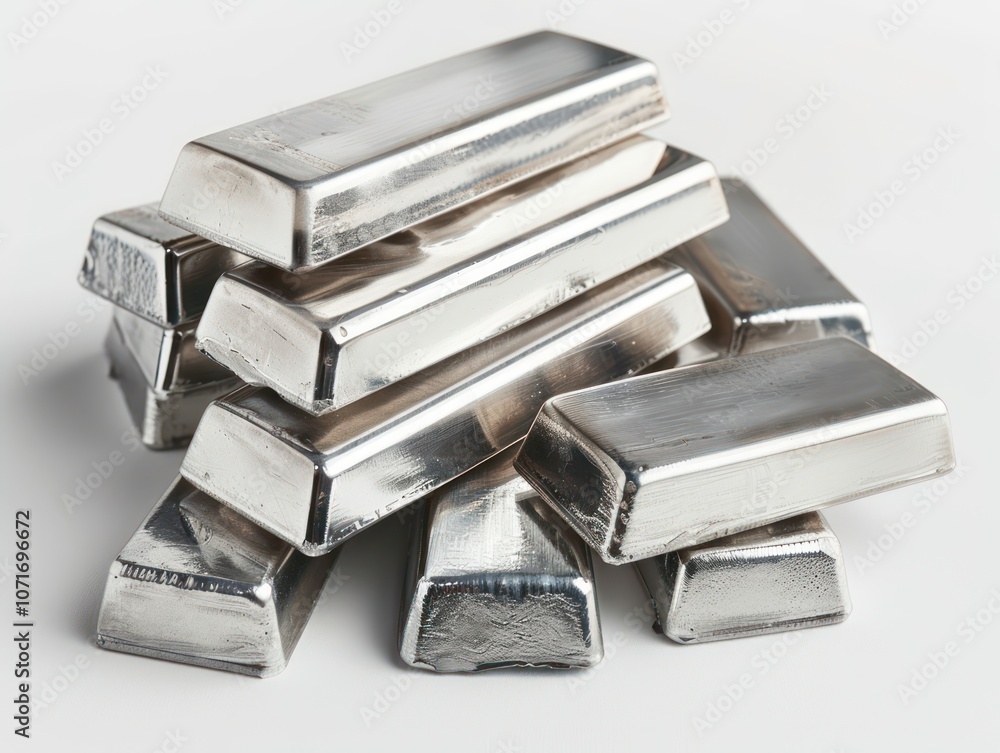 Stack of silver bars on white background, sharp edges with a smooth ...