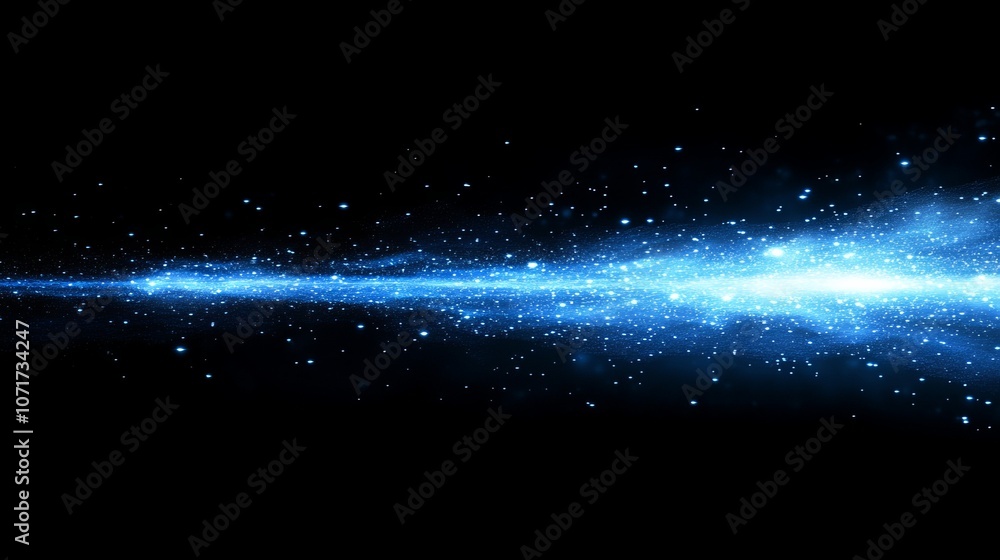 The abstract blue light track and luminous particles on the black ...