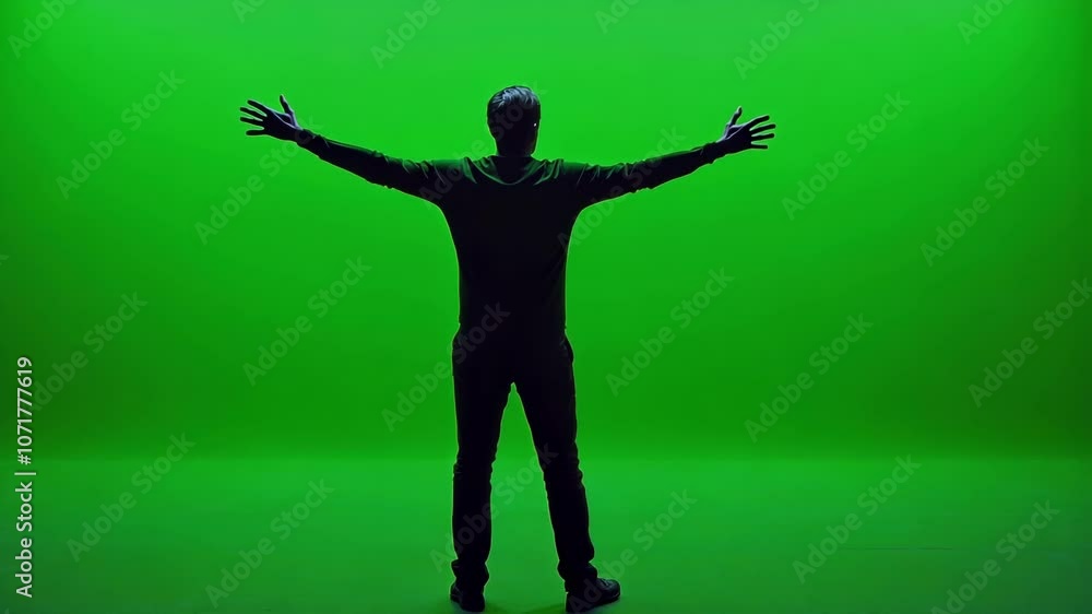 Man posing with open arms against green screen, perfect for visual ...