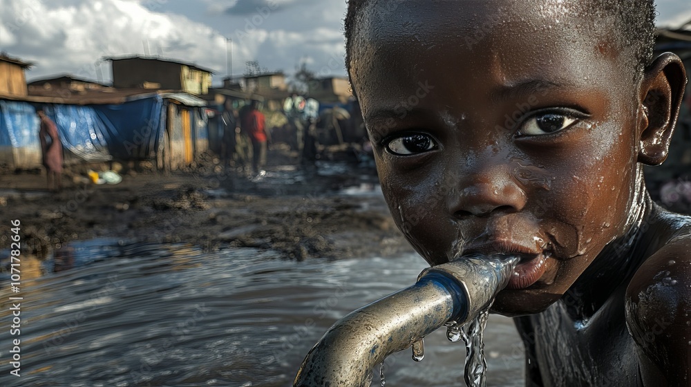 A Thirsty Soul: A Young African Child Finds Relief at the Tap.Concept ...
