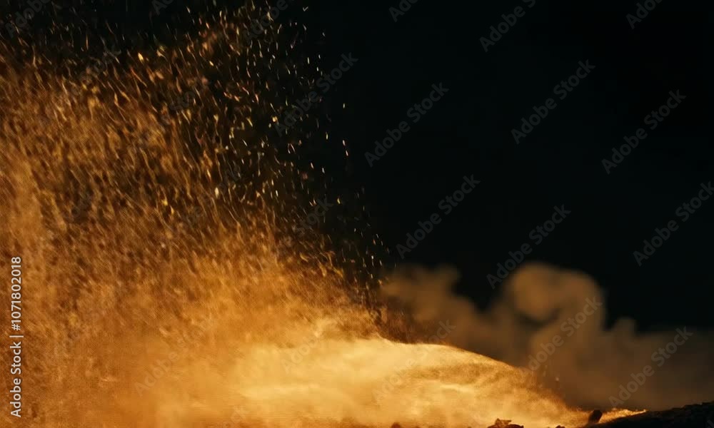 Flickering fire sparks float sideways, caught in a powerful gust of ...