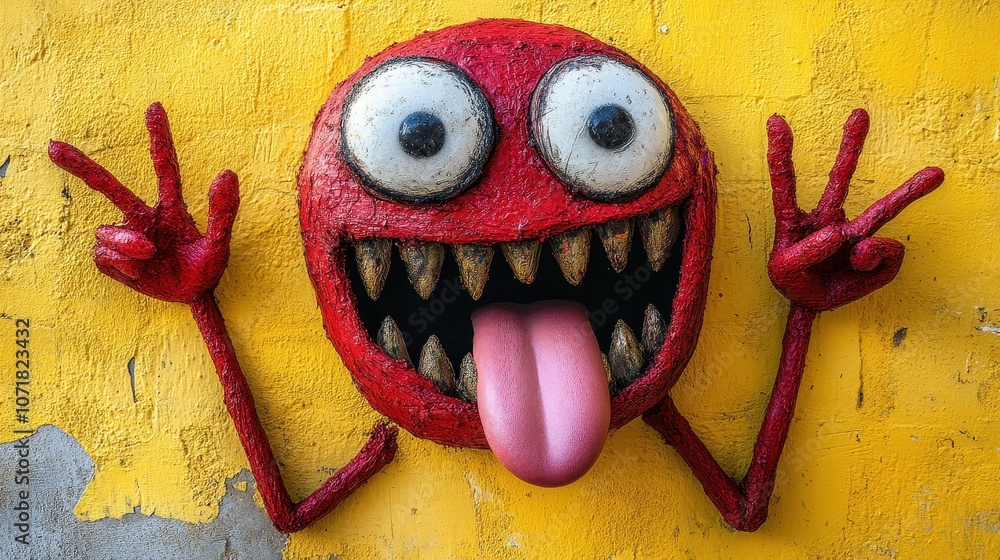 A red monster with a tongue sticking out is holding up its hands in a ...
