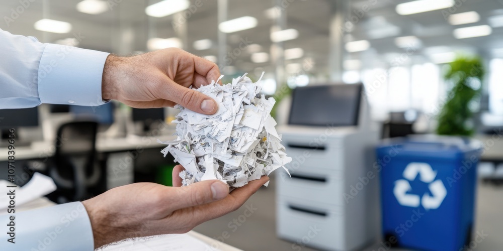 Shredded paper lays on the floor with a recycling bin and a recycling ...
