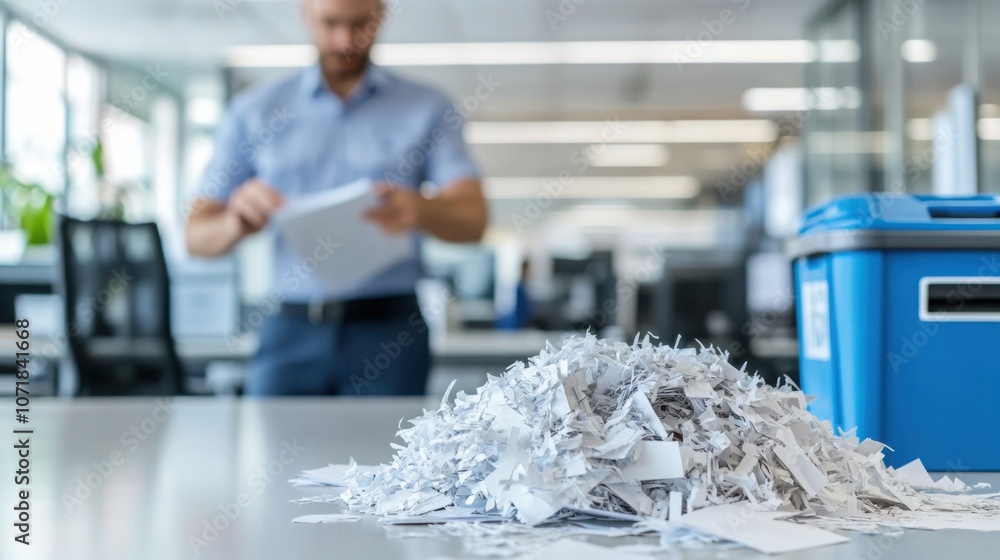 Shredded paper lays on the floor with a recycling bin and a recycling ...