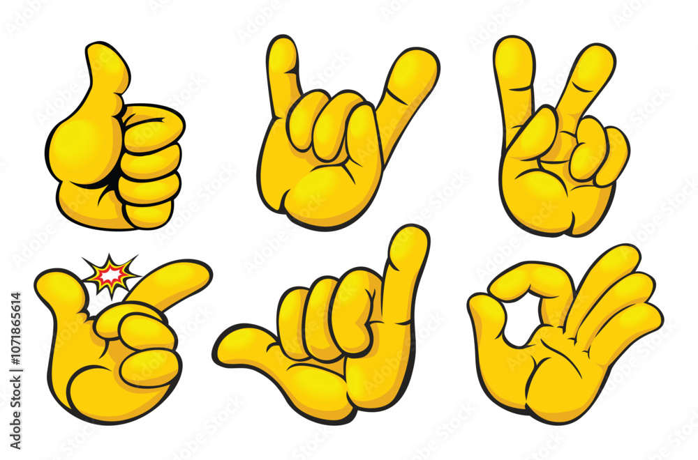 Positive gestures set with fingers. Hard rock horns, peace or victory ...