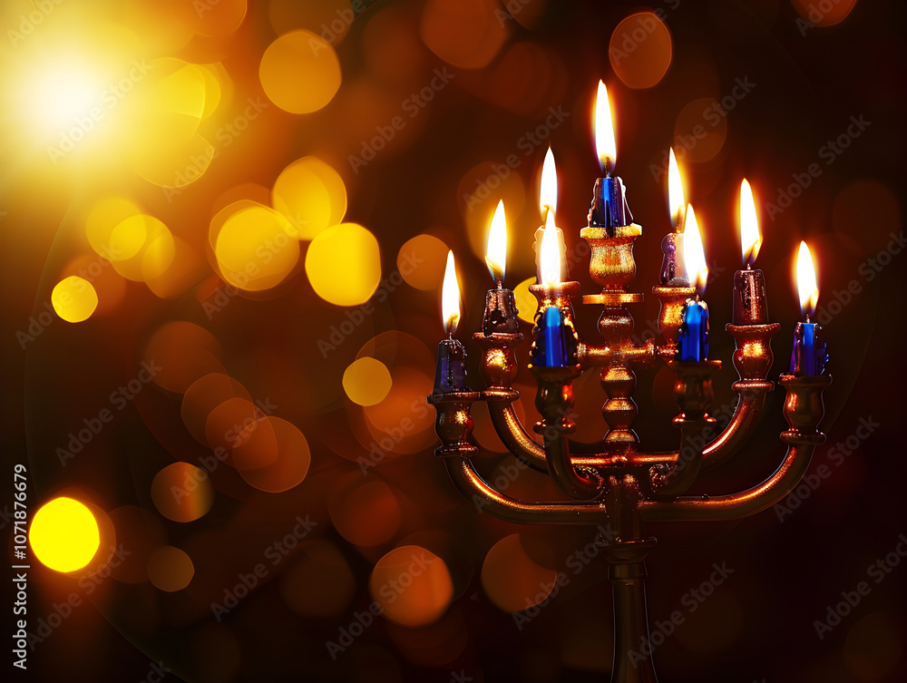 "Tradition Illuminated: A Vibrant Menorah with Lit Candles Celebrating ...
