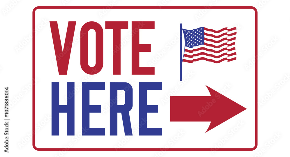Vote here, polling place sticker. Direction to the voting place. Flat ...
