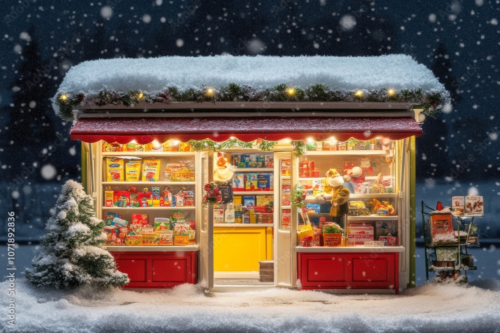 Festive toy store with Christmas tree, snowcovered roof, colorful toys ...
