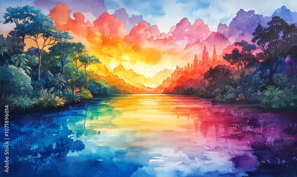 Watercolor The rainbow river or five colors river is in Colombia one of ...