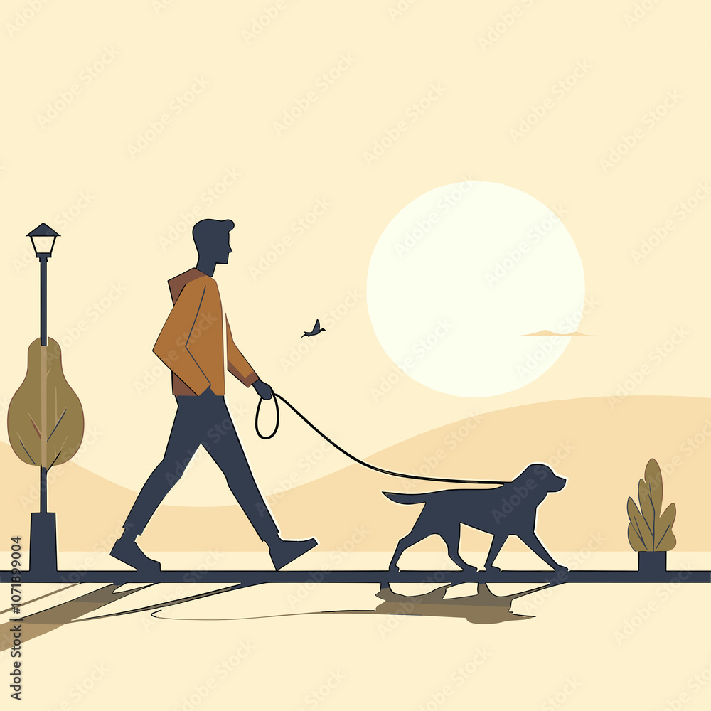 Minimalist Illustration of a Man Walking a Dog, Featuring Simple Clean ...