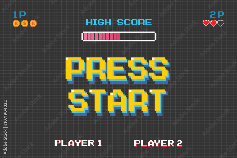 PRESS START. INSERT A COIN TO CONTINUE .pixel art .8 bit game. retro ...