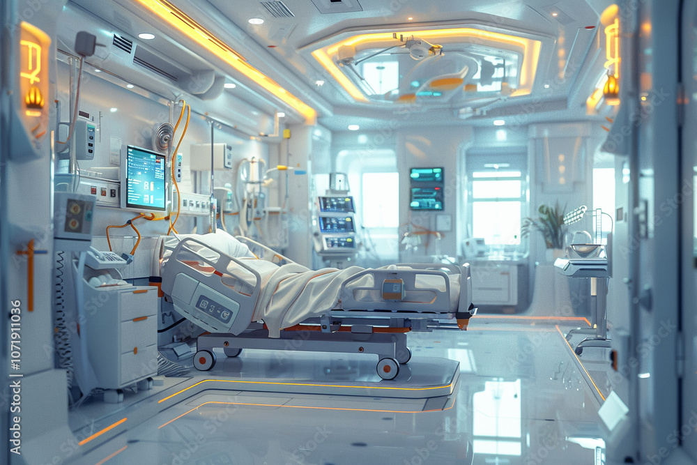 A high-tech hospital room featuring a modern patient bed, advanced ...