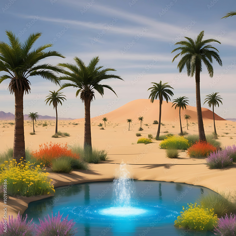 Hidden Oasis in Vast Desert with Palm Trees, Blue Water, and ...