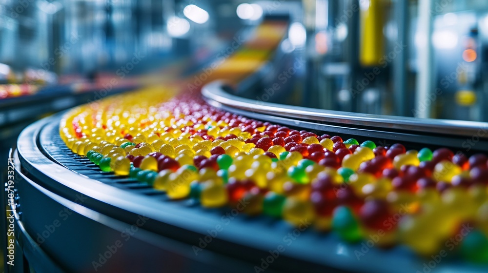 50.Production tape in a candy factory with jelly candies, shown with ...