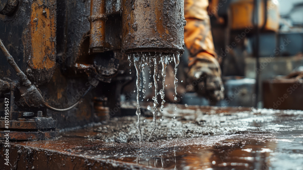 Water dripping from machinery in construction site, showcasing wet ...
