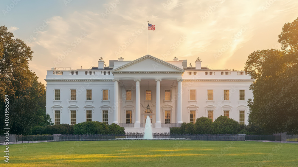 The image shows the White House in Washington, D.C., with its iconic ...