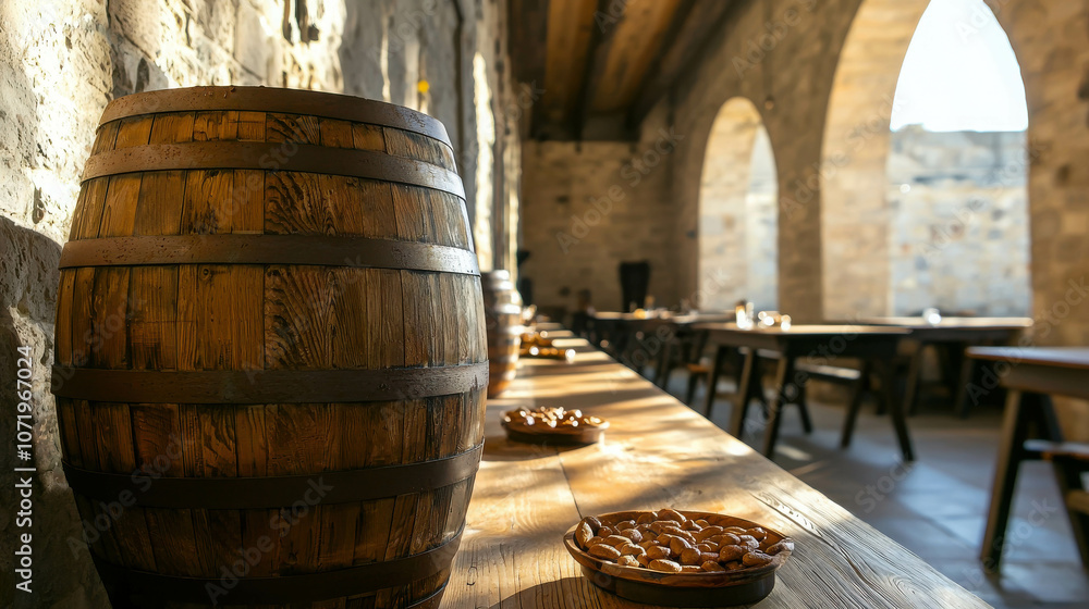 Rustic Wooden Barrel in a Light-Filled Historic Interior with Long ...