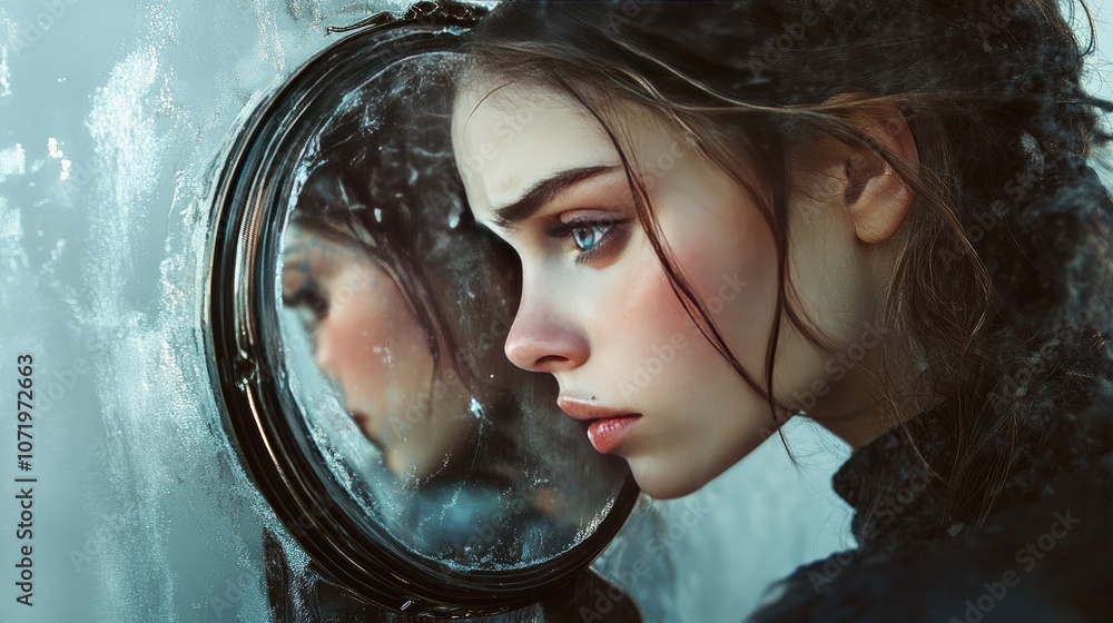 A woman looks sorrowfully at her image in a small mirror. The picture ...