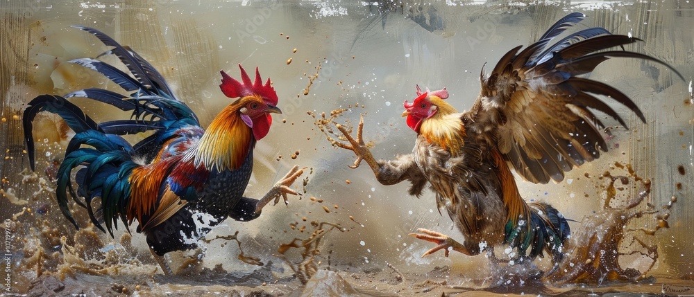 Vibrant roosters in a colorful fight scene, feathers glowing amidst ...