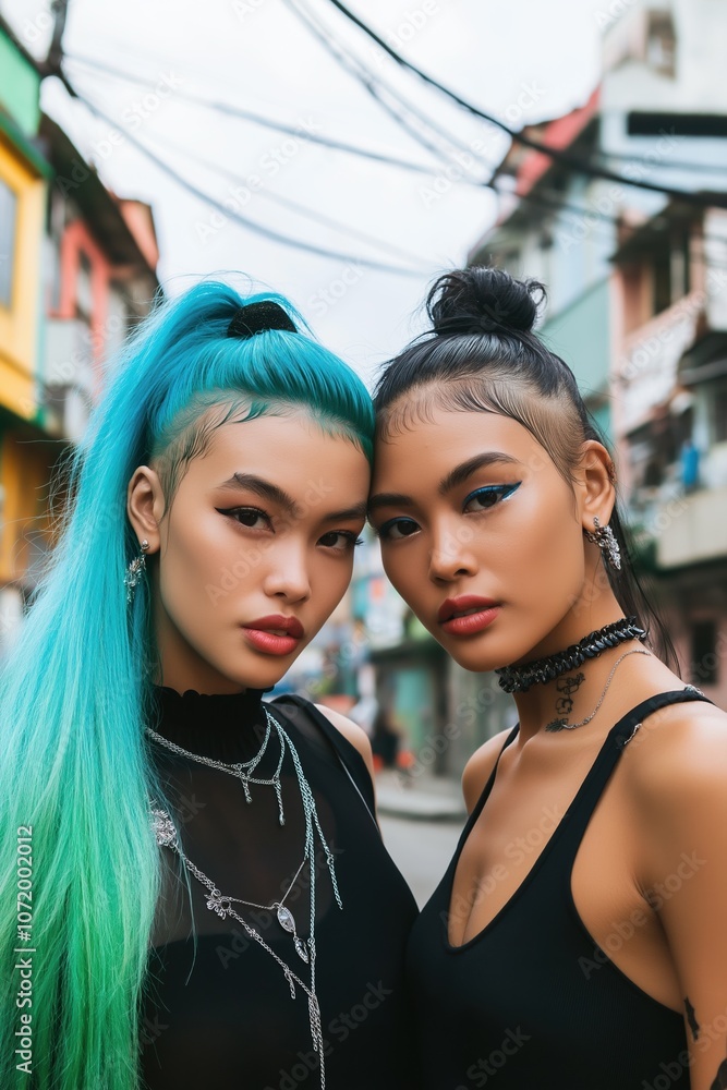 Two women with long hair and colorful hair dye pose for a photo. Scene ...