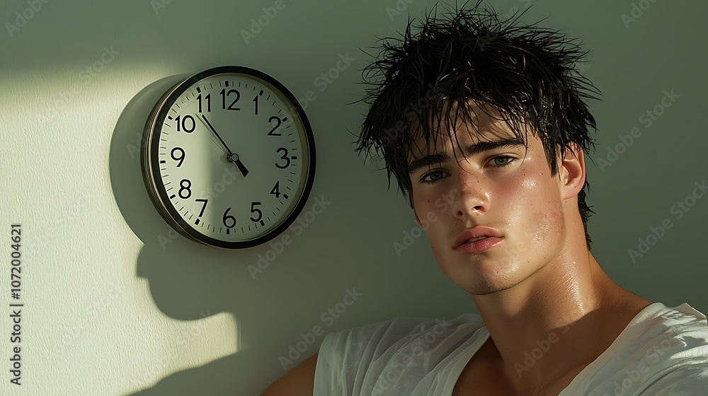 A young adult sitting up in bed with messy hair, looking at a wall ...