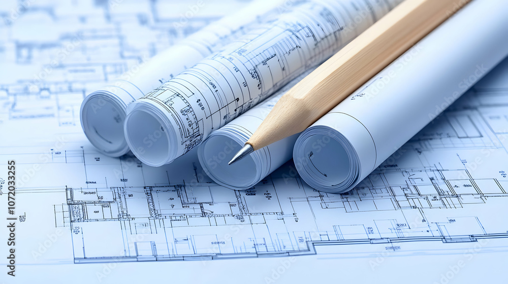 Rolled Blueprints and a Pencil Resting on a Blueprint Showing an ...