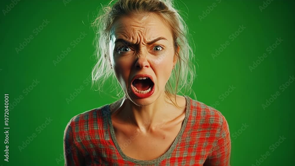 Annoyed furious girl with blonde hair screaming out loud, expressing ...