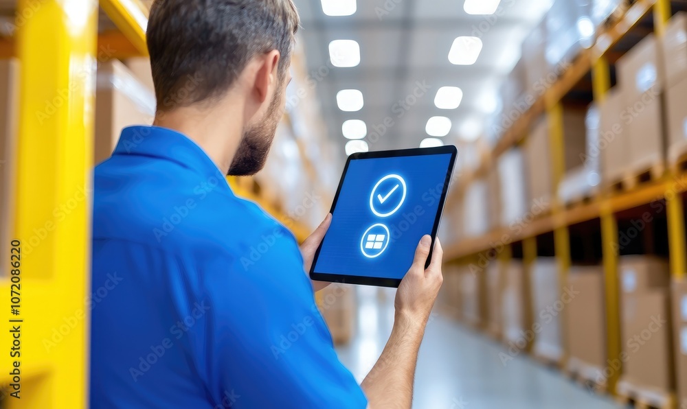 Warehouse worker using a tablet for inventory management, ensuring ...