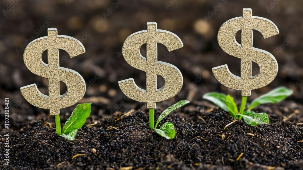 Rows of seedlings with currency signs sprouting, new investments ...