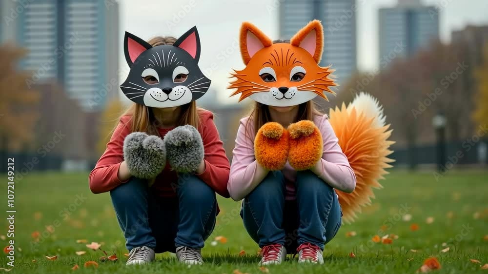 Two kids friends quadrober child girls in cat masks sits on all fours ...