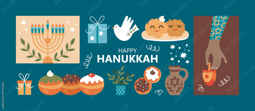 Jewish holiday Hanukkah banner design with cute hand drawn elements ...