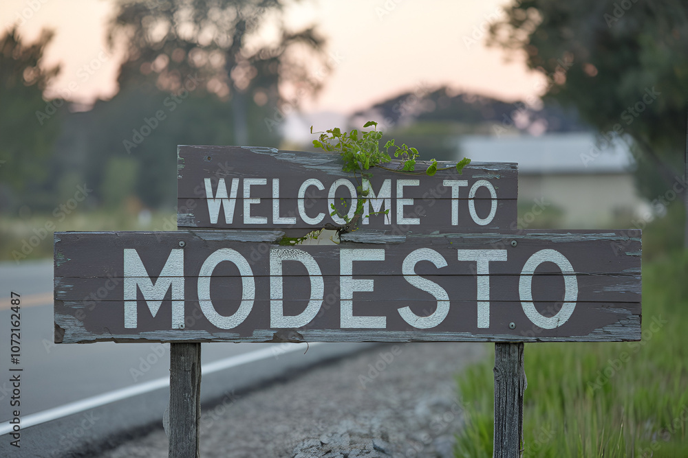 Elegant wooden "Welcome to Modesto" sign, ideal for US city entrance ...