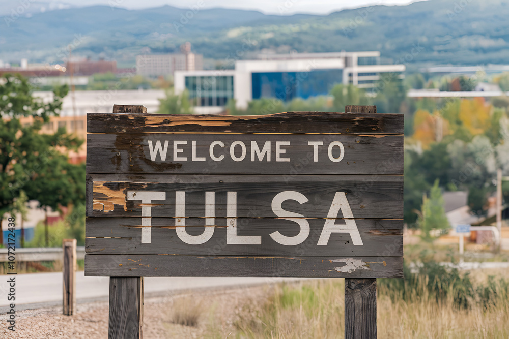Attractive wooden "Welcome to Tulsa" sign, perfect for US city entrance ...