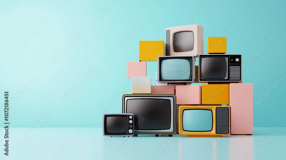 Retro TVs stacked in various sizes and colors against turquoise ...