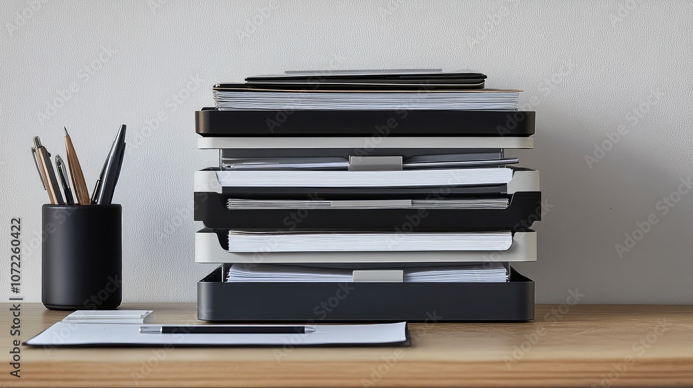 Stacked, monochrome file organizers on a bare desk, with only a pen and ...