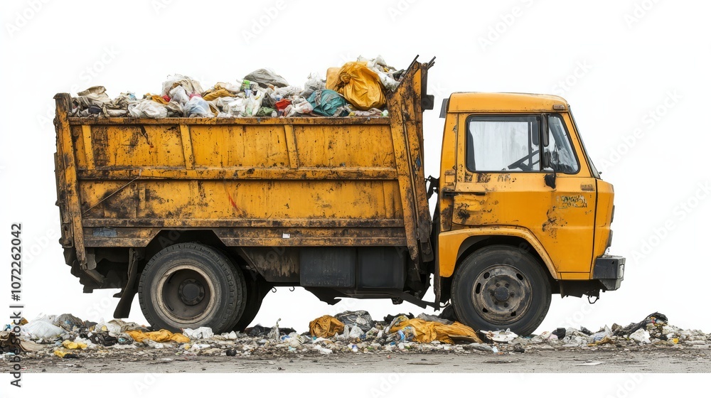 Yellow Garbage Truck: A yellow garbage truck, full of waste, stands in ...