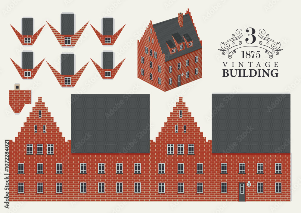 Old building in classic style made of red brick. Vector mockup for ...