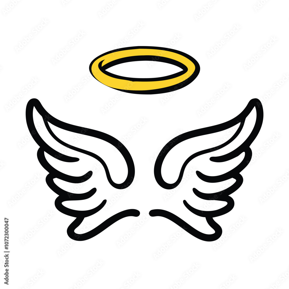 Angel wings and halo line drawing, Simple black and white line drawing ...