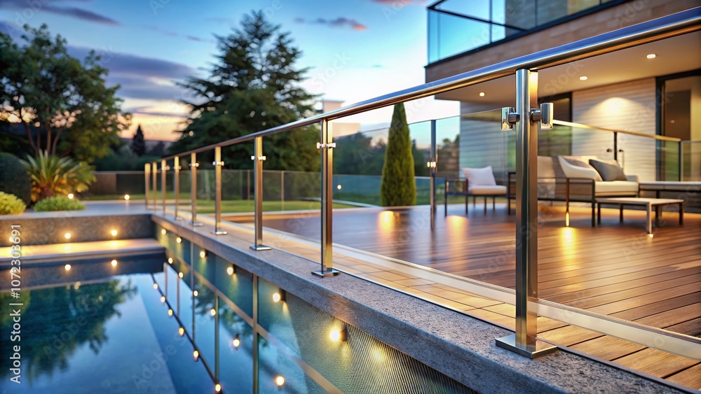 Realistic Glass and Metal Balcony Railings with Bokeh Effect for Pool ...