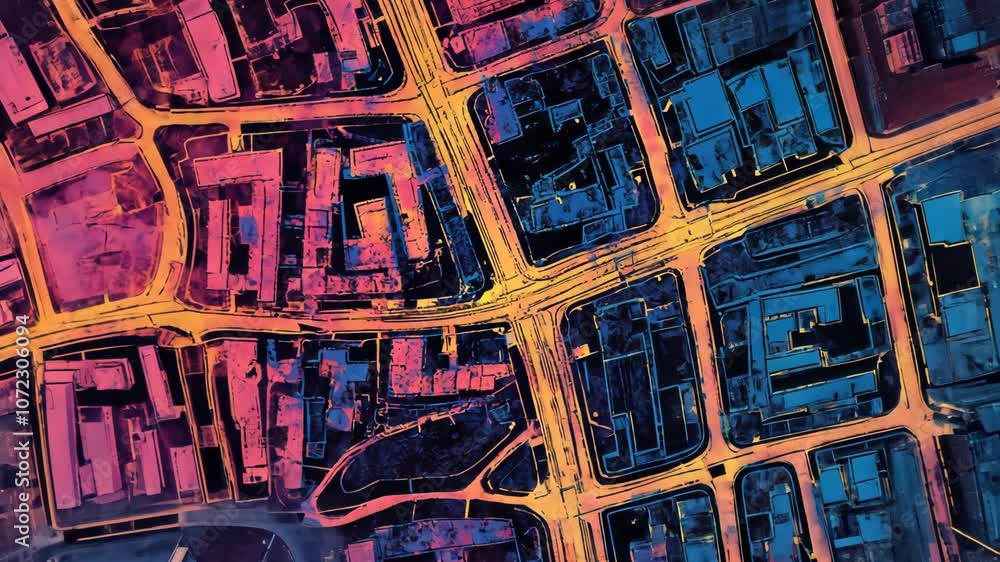 An aerial view of a city, showing the layout of streets and buildings ...